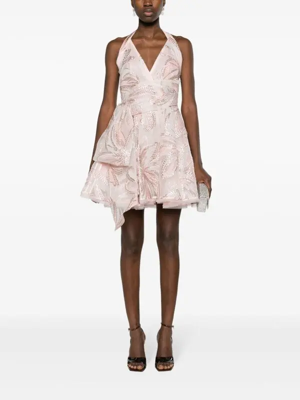 Talbot Runhof Floral-appliqué Belted Minidress