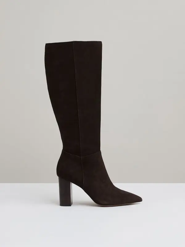 REISS Bianca Leather Knee-high Block-heel Boots - Chocolate