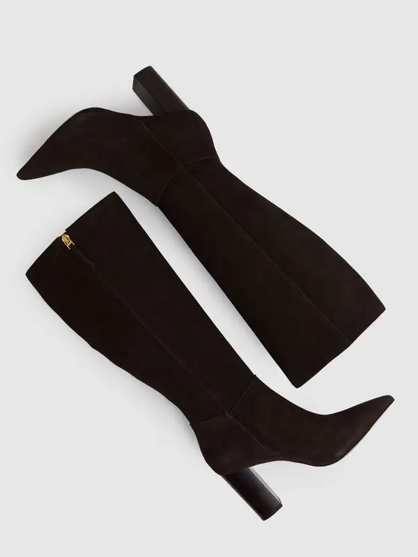 REISS Bianca Leather Knee-high Block-heel Boots - Chocolate