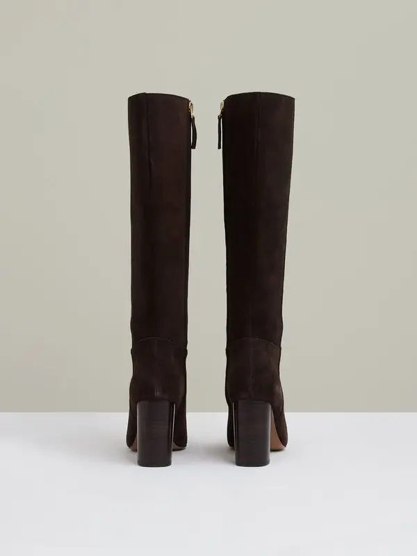 REISS Bianca Leather Knee-high Block-heel Boots - Chocolate