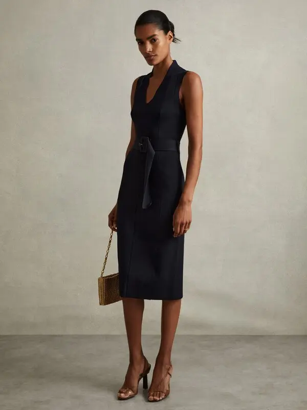 REISS Ella Knitted Ribbed Belted Midi Dress - Navy