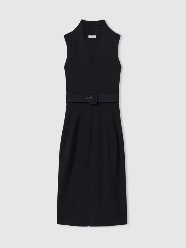 REISS Ella Knitted Ribbed Belted Midi Dress