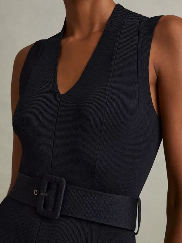 REISS Ella Knitted Ribbed Belted Midi Dress