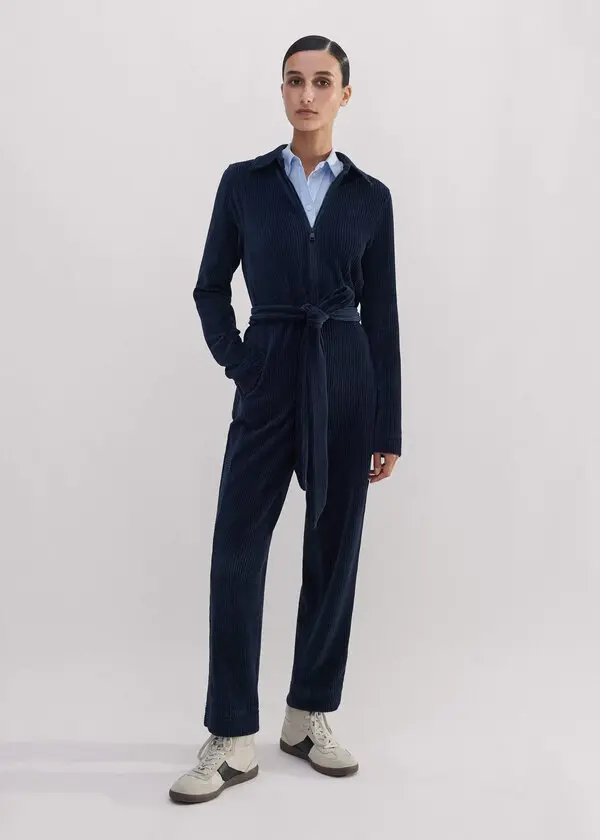 ME+EM Fluid Cord Velour Jumpsuit With Belt - Navy