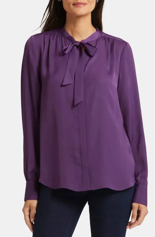 NYDJ Tie Neck Satin Shirt - Grape Royale