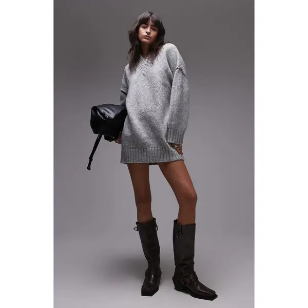 Topshop V-Neck Long Sleeve Rib Sweater Dress In Grey - 45% Off |  Editorialist