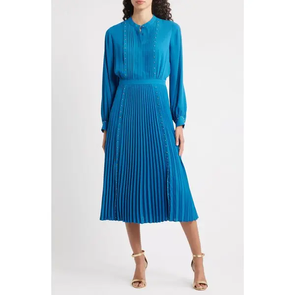 Elie Tahari Alania Pleated Midi Dress - Blue Stone | Editorialist