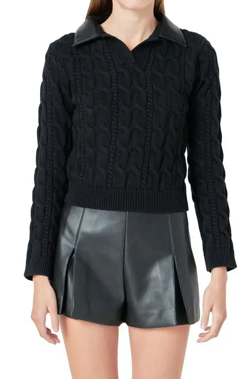 Endless Rose Faux Leather Collar Cable Sweater