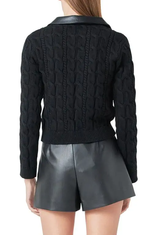 Endless Rose Faux Leather Collar Cable Sweater