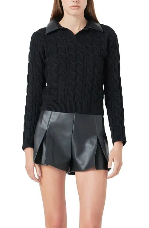 Endless Rose Faux Leather Collar Cable Sweater