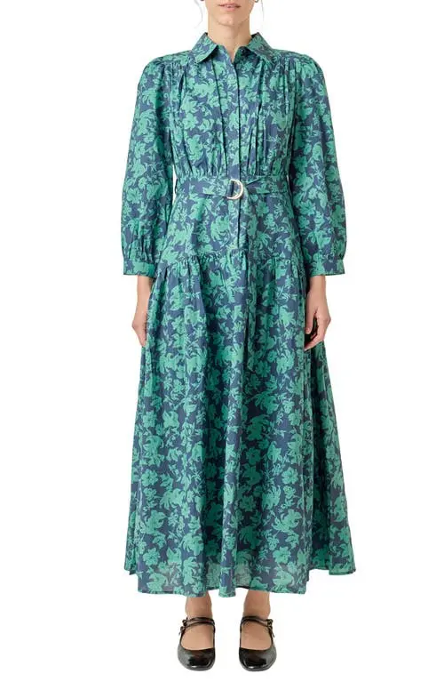 English Factory Belted Tiered Print Midi Dress - Navy/green