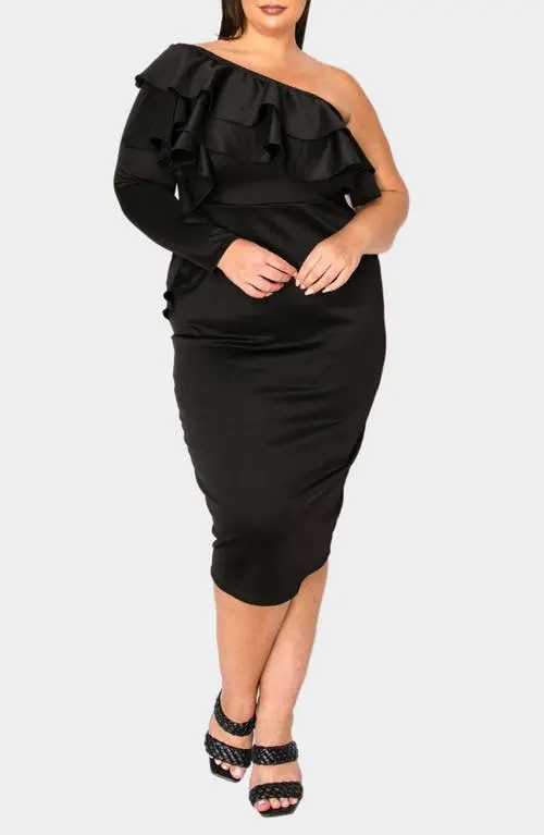 L I V D Val Ruffle One-shoulder Midi Dress - Black