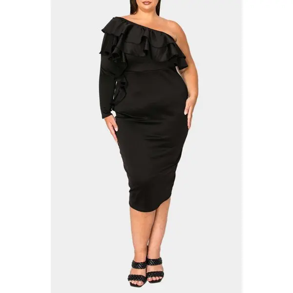 L I V D Val Ruffle One-shoulder Midi Dress - Black
