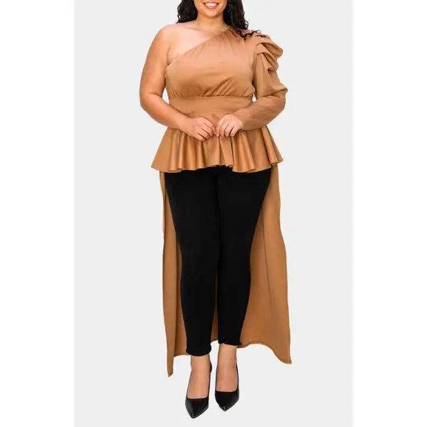 L I V D Nicolette One-shoulder Peplum Top - Camel