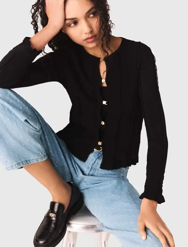 Maje 2-in-1 Striped Openwork Knit Cardigan And Camisole Set - Black