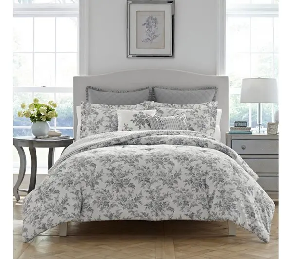 Laura Ashley Annalise Grey Full Queen Comforter Sham Bonus Set - One-color