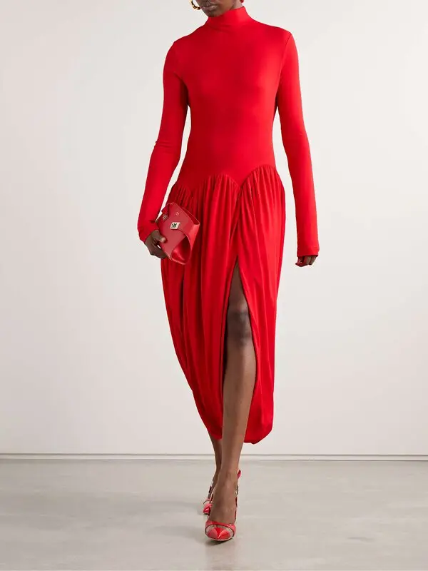 red jersey dress with sleeves LAPOINTE Jersey Asymmetrical Shawl Draped Gown