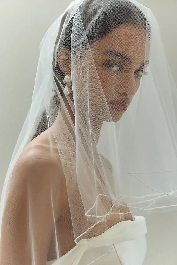 Bhldn Handmade Pearl-trim Tulle Veil