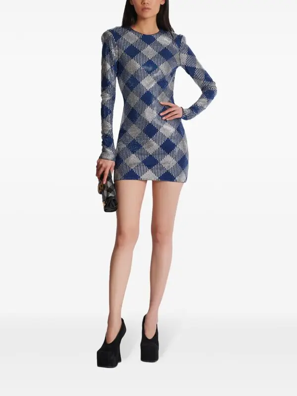 Balmain Gingham Rhinestone Mini Dress - Blue