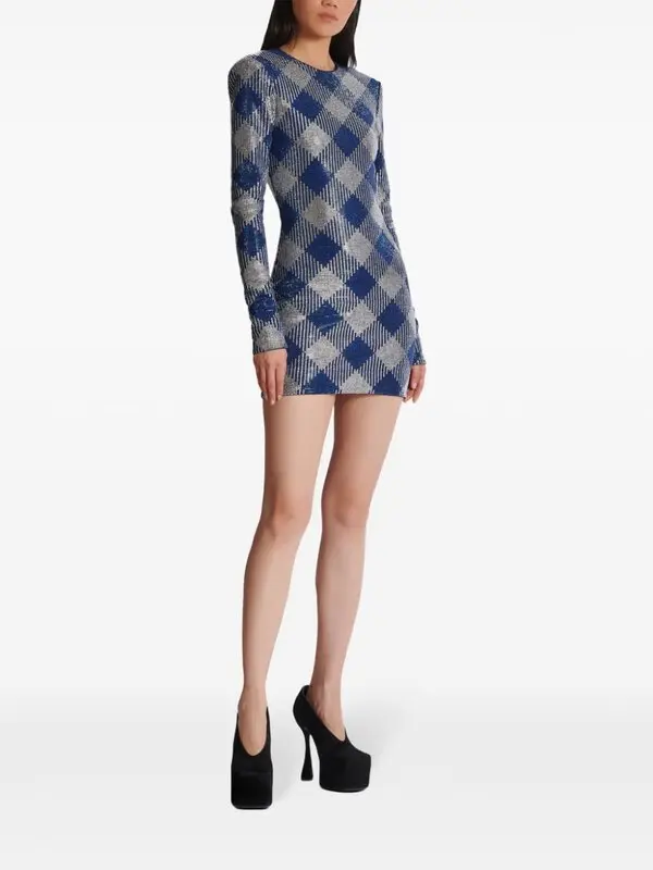 Balmain Gingham Rhinestone Mini Dress - Blue