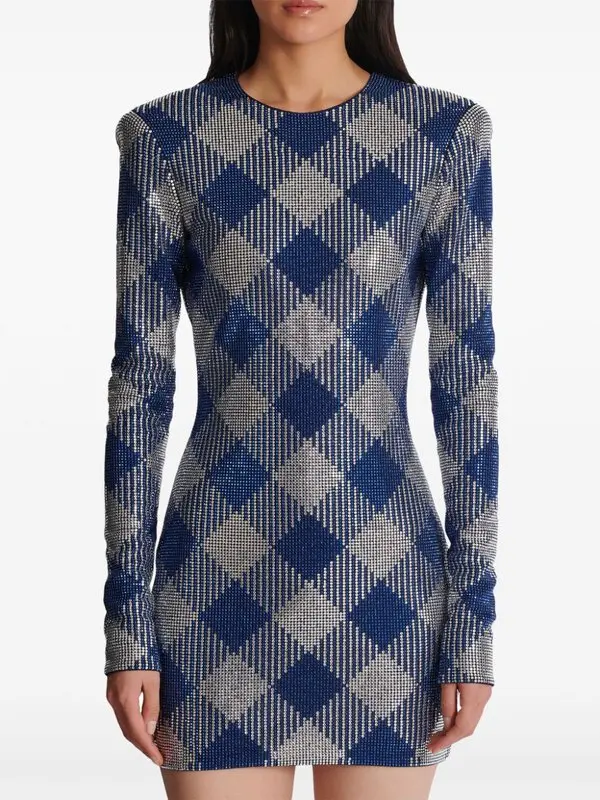 Balmain Gingham Rhinestone Mini Dress - Blue