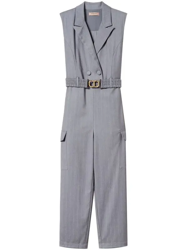 TWINSET Pinstripe Pattern Belted Jumpsuit