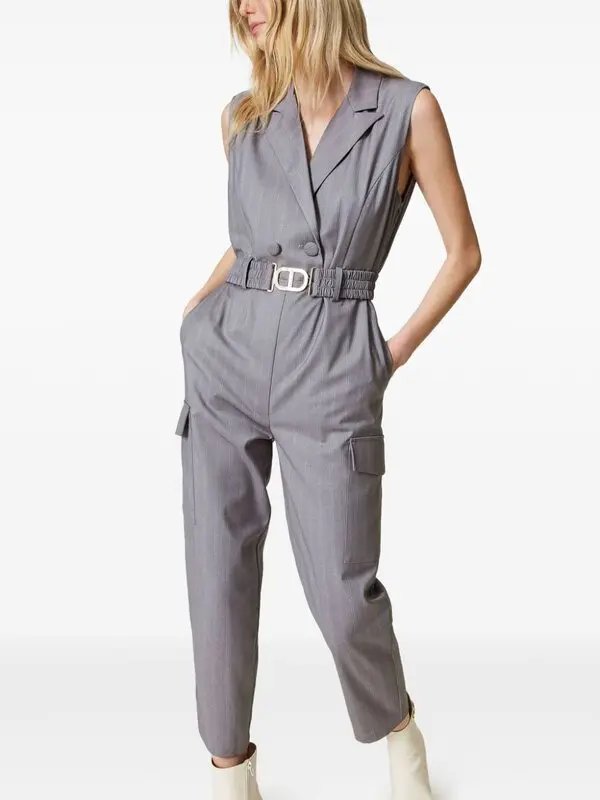 TWINSET Pinstripe Pattern Belted Jumpsuit