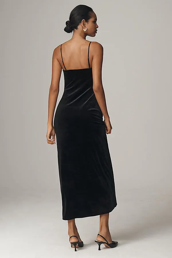 anthropologie black velvet dress By Anthropologie Puff-Sleeve Mesh Velvet Midi Dress