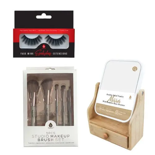 PURSONIC 5pc Studio Makeup Brush Set + False Eyelashes Extensions + Dual-sided Vanity Mirror - Beige