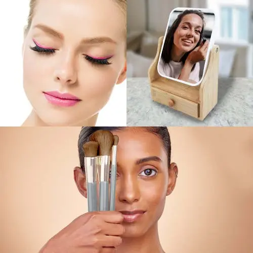 PURSONIC 5pc Studio Makeup Brush Set + False Eyelashes Extensions + Dual-sided Vanity Mirror - Beige