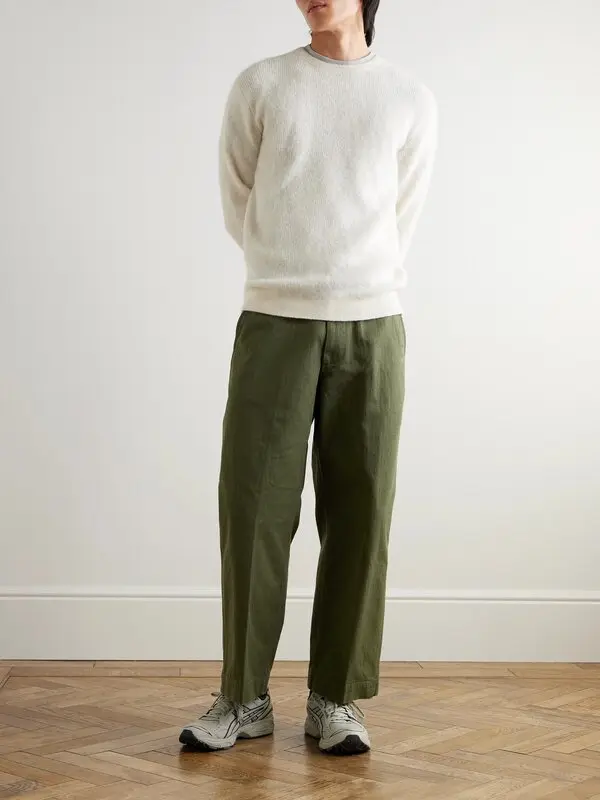 BEAMS Wide-leg Herringbone Cotton-twill Trousers - Green