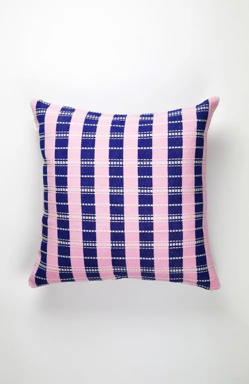 ARCHIVE NEW YORK Santiago Grid Bold Stripe Handwoven Cotton Square Throw Pillow - Blue And Light Pink
