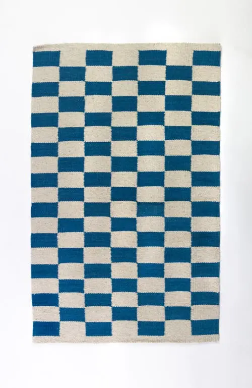 ARCHIVE NEW YORK Zapotec Checkered Handwoven Flatweave Wool Rug - Blue And Ivory