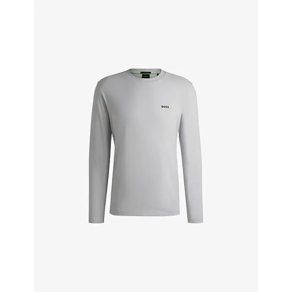 BOSS Brand-print Long-sleeve Cotton-jersey T-shirt - Light/pastel Grey