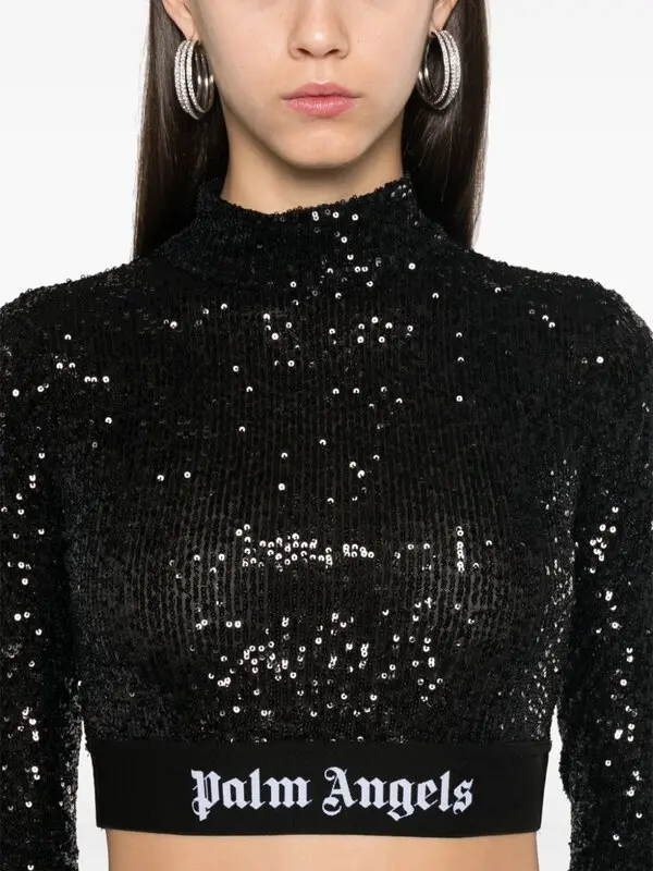 Palm Angels Logo-waistband Sequined Top - Black