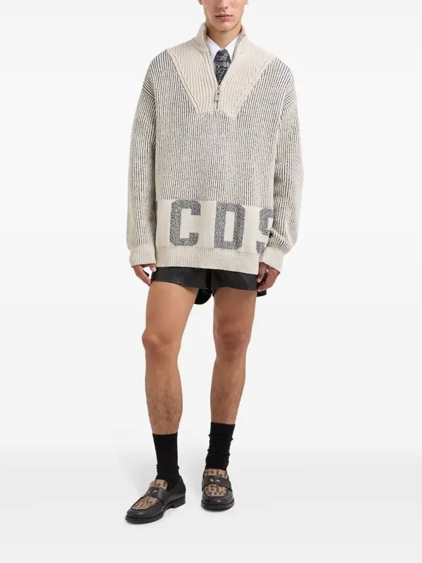 Gcds Intarsia-knit Logo Half-zip Jumper - Neutrals