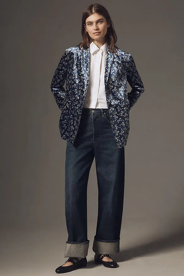 Maeve Tessie Velvet Blazer Jacket - Blue Pattern