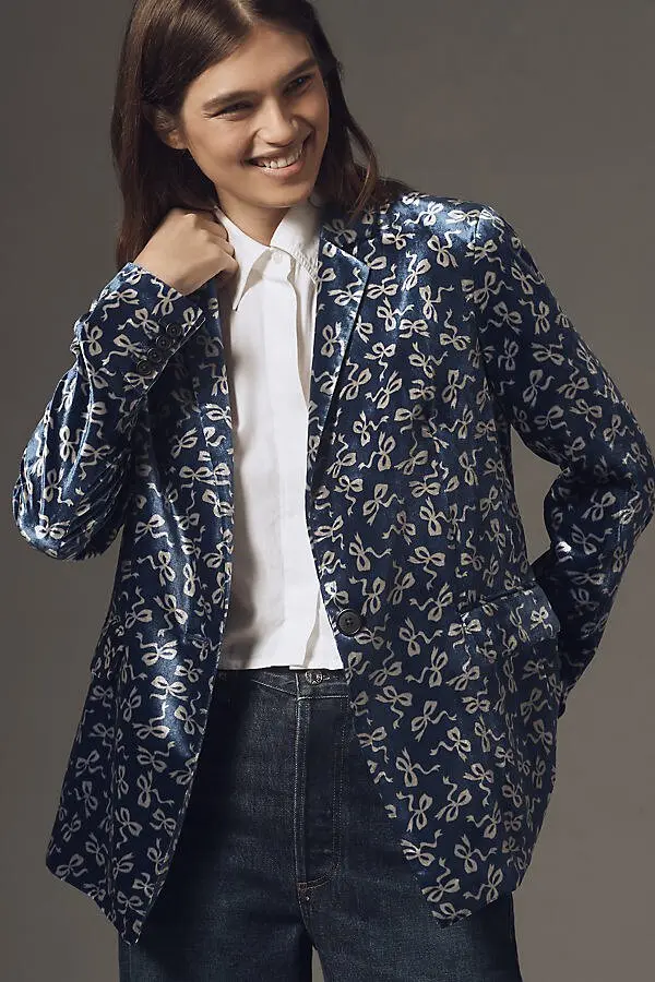 Maeve Tessie Velvet Blazer Jacket - Blue Pattern