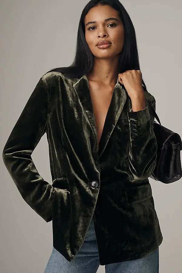 Maeve The Tessie Velvet Blazer - Green