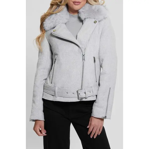 Guess Nancy Moto Jacket With Faux Fur Collar - Light Melange Grey