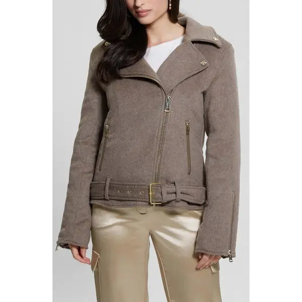 Guess Nancy Moto Jacket With Faux Fur Collar - Walnut Shell Multi