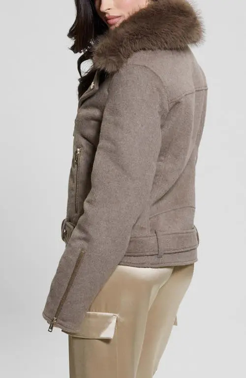 Guess Nancy Moto Jacket With Faux Fur Collar - Walnut Shell Multi