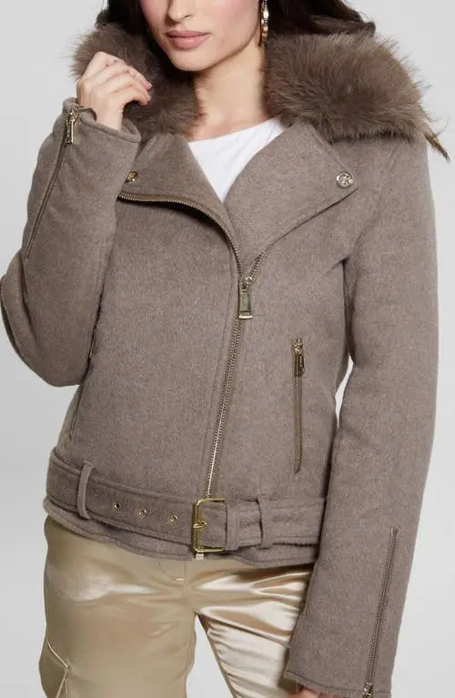 Guess Nancy Moto Jacket With Faux Fur Collar - Walnut Shell Multi