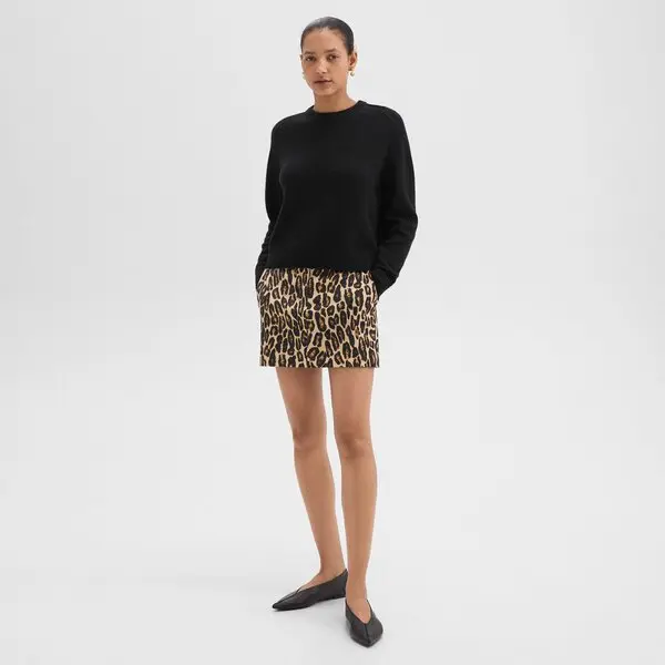 Theory Leopard Stretch Wool Mini Skirt - Beige Multi