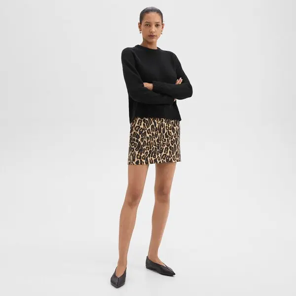 Theory Leopard Stretch Wool Mini Skirt - Beige Multi