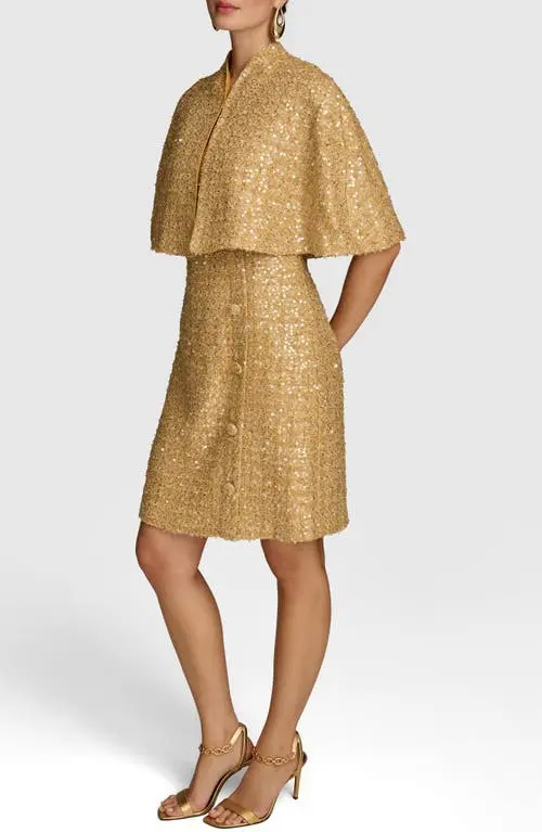 Donna Karan New York Sequin Tweed Cape & Sheath Dress Set In Gold - 25% Off  | Editorialist