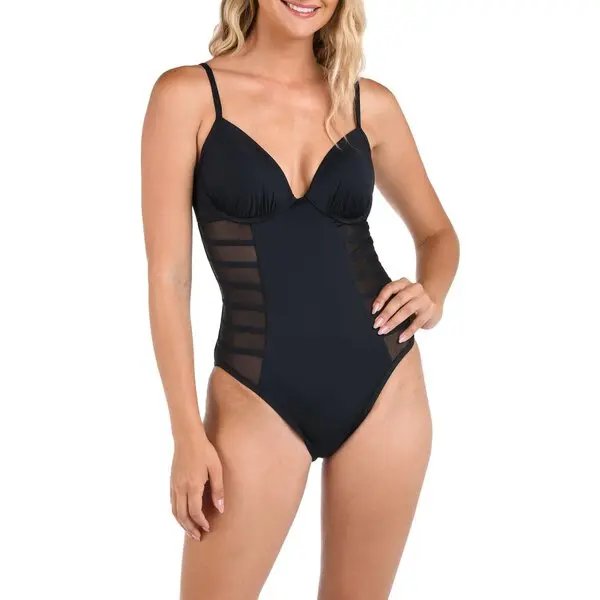 La Blanca Island Mesh Stripe Underwire One-piece Swimsuit - Black