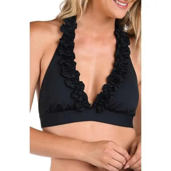 La Blanca Island Goddess Ruffle Halter Bikini Top - Black