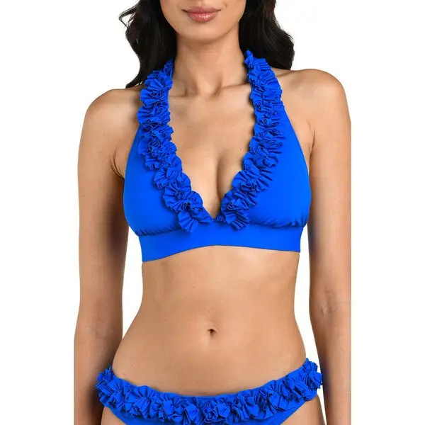 La Blanca Island Goddess Ruffle Halter Bikini Top - Lapis