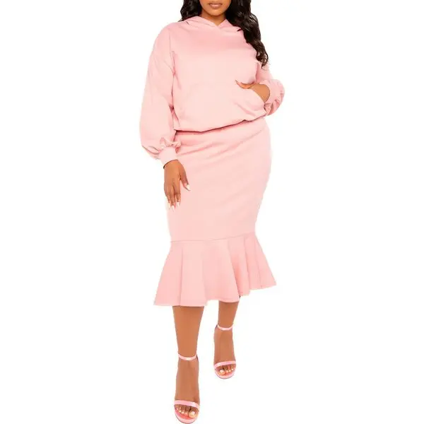 BUXOM COUTURE Scuba Knit Hoodie & Midi Skirt Set - Peach